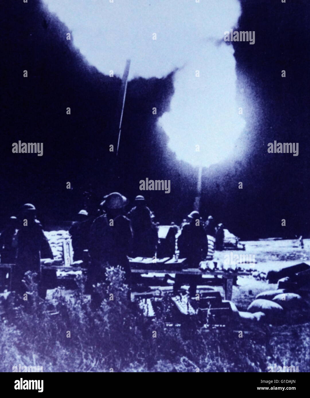 British anti-aircraft unit in action against German Air-raid; Britain ...