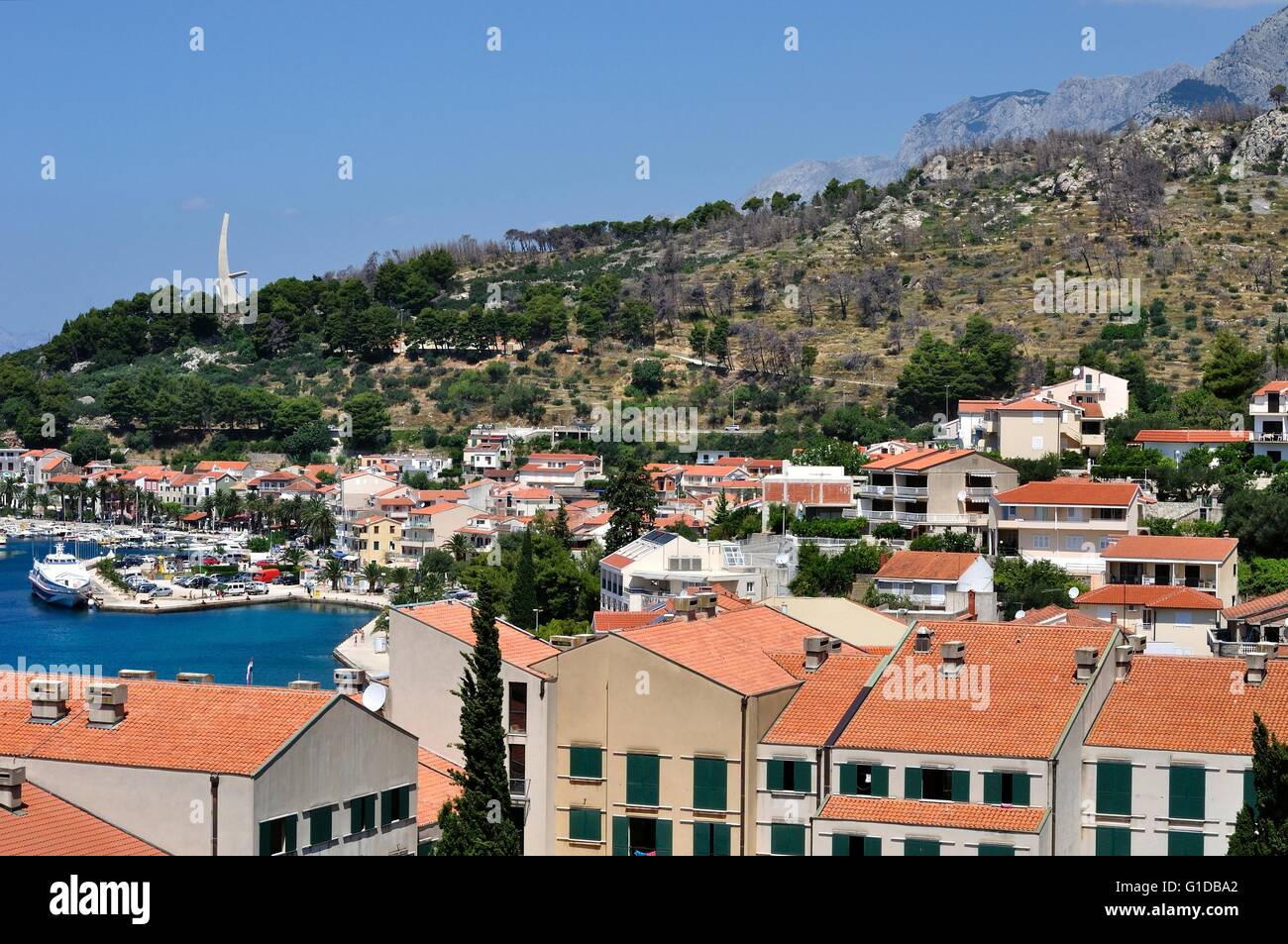 Birdview of Podgora with port and monument Seagull's wings. Croatia ...
