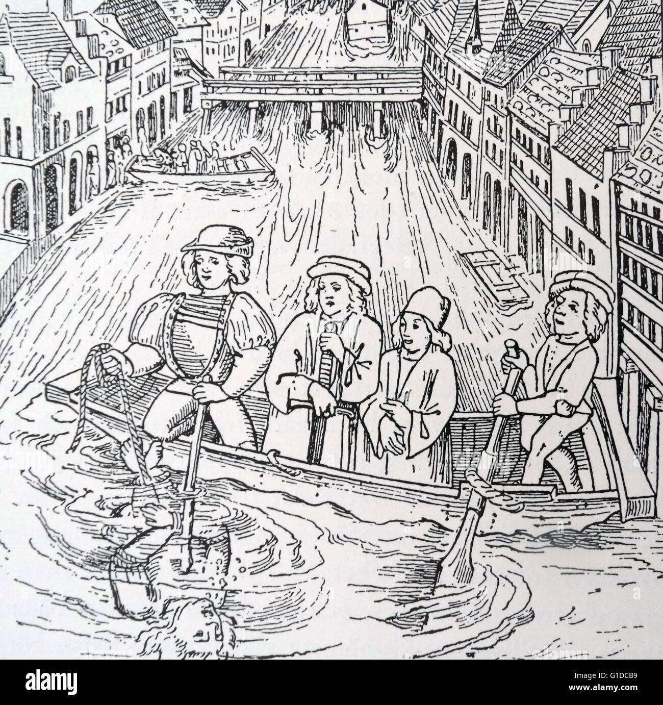 Woodblock print depicting drowning as a form of punishment during 15th ...