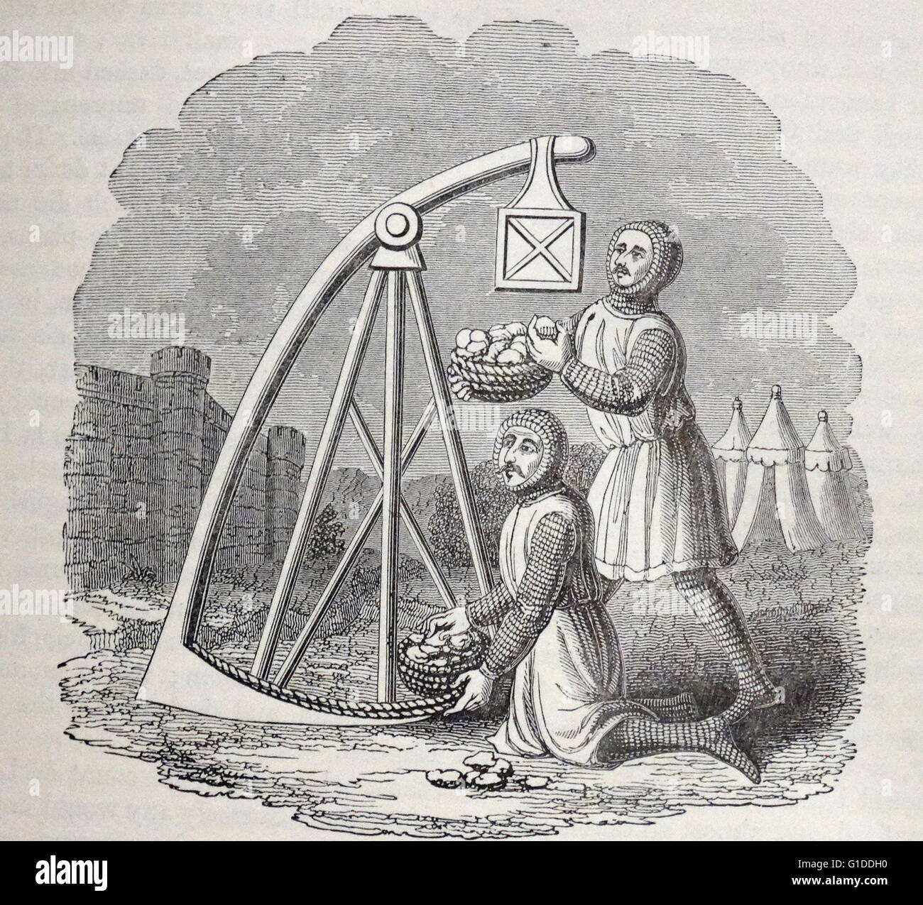 Engraving of a Trebuchet, a machine used for casting stones. Dated 14th ...