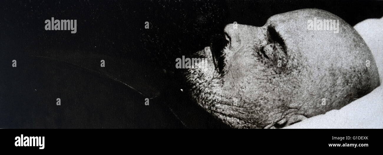 Photographic print of Vladimir Lenin (1870-1924) in an open casket. A ...