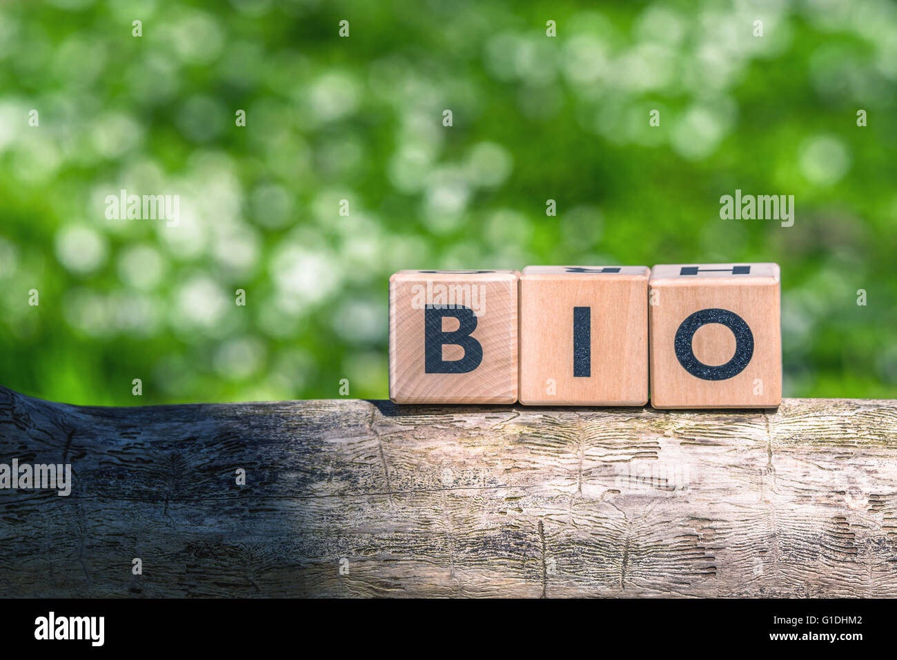 Wooden bio sign in green surroundings in the spring Stock Photo - Alamy
