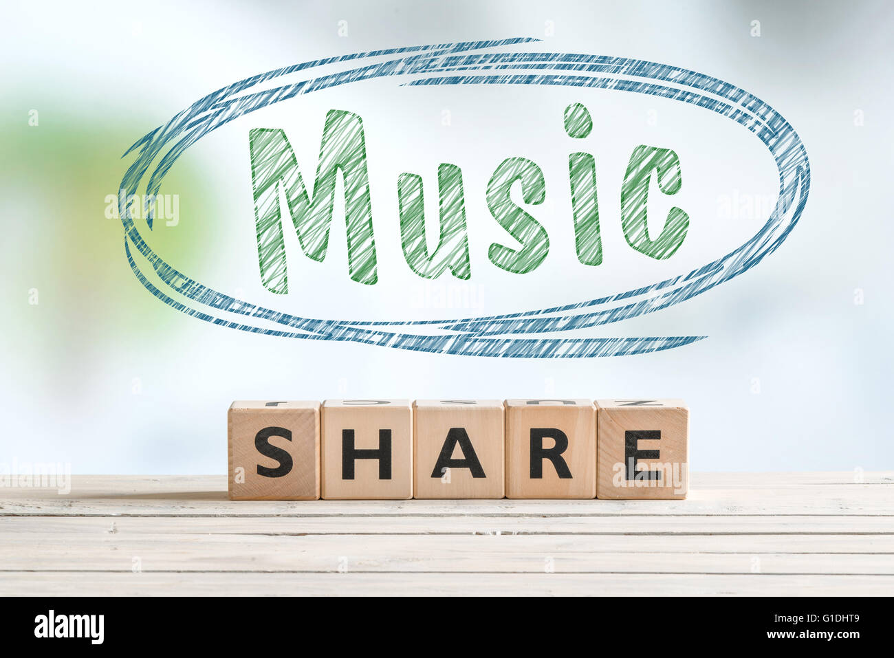Music share sign on a wooden table Stock Photo - Alamy