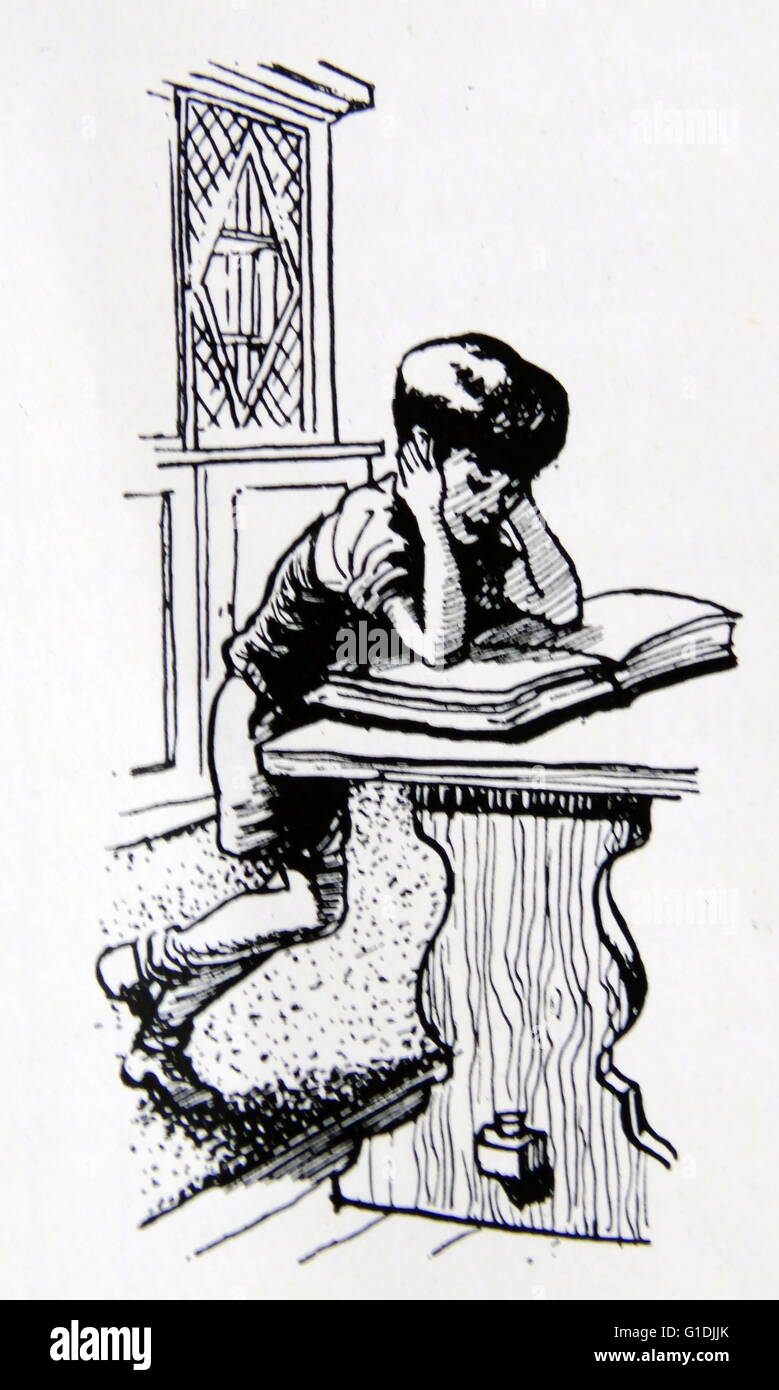 Illustration of a young boy standing and reading a book 1955 Stock ...