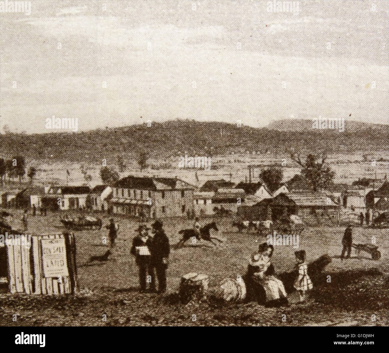 Illustration depicting pioneer settlement at Sandhurst, Bendigo ...