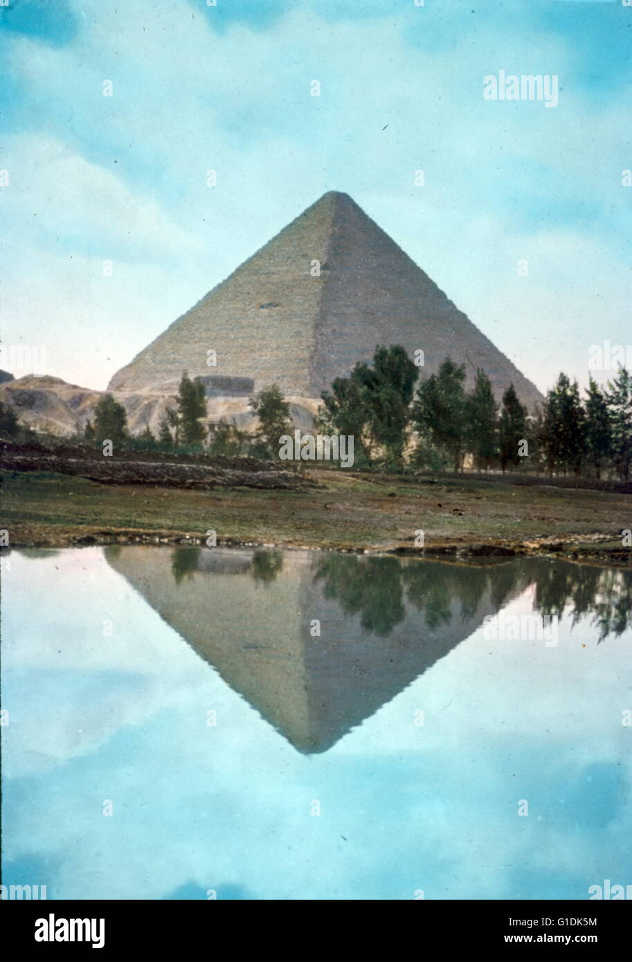 Photograph of the Great pyramid of Cheops reflected in the river Nile ...