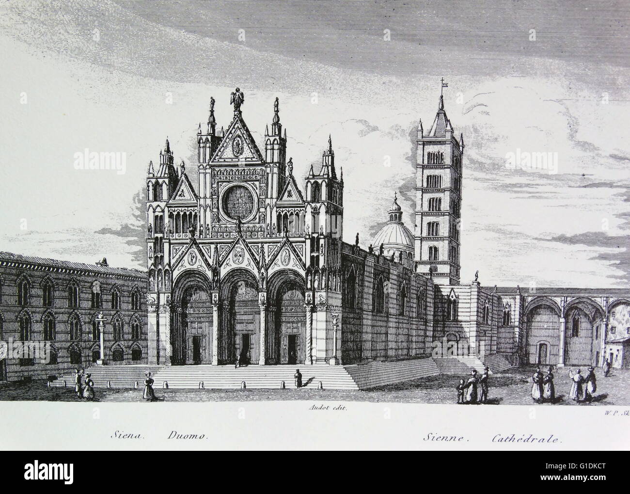 Engraving depicting the Siena Cathedral, medieval church in Siena ...