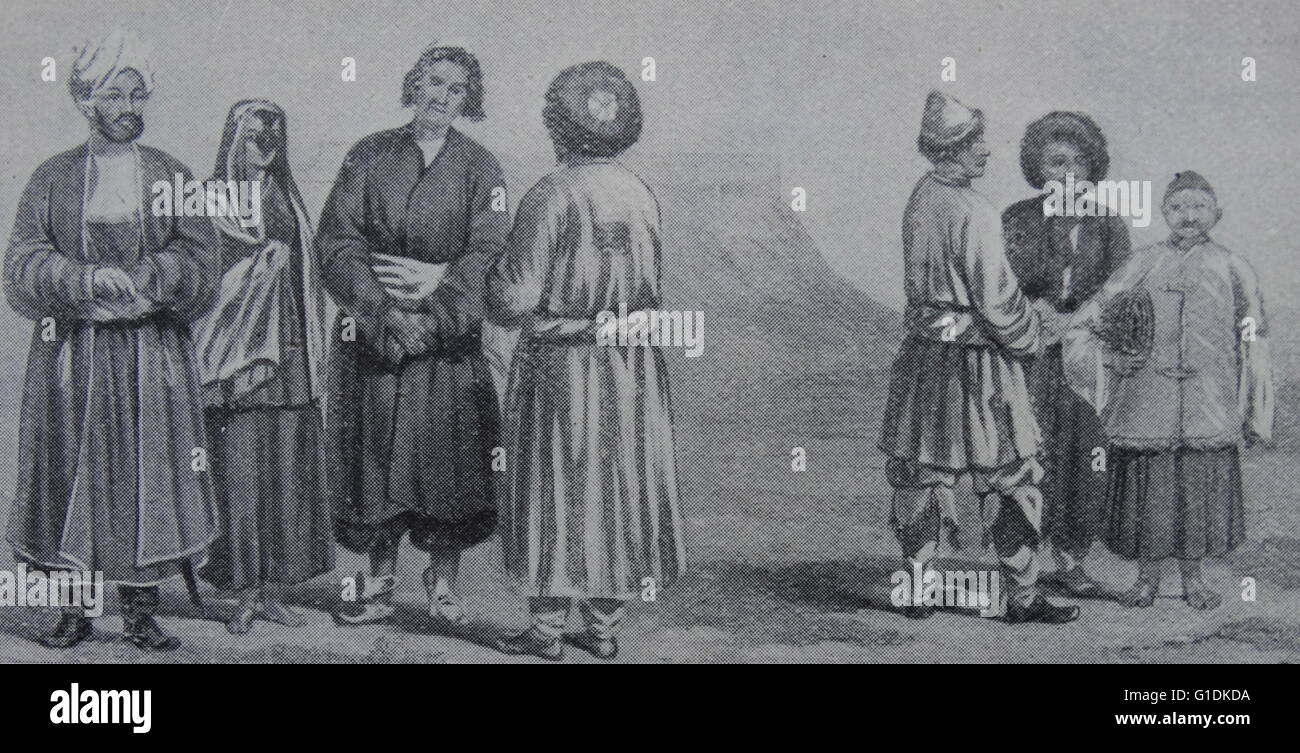 Illustration depicting the Ghilzai chieftain with tribesmen and hazara ...