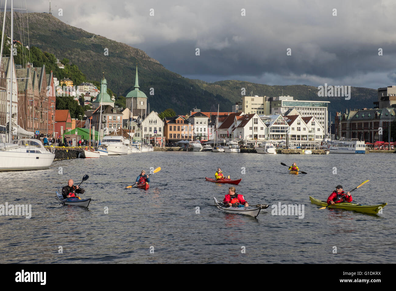A group of kayakers in the Harbor of Bergen Stock Photo - Alamy
