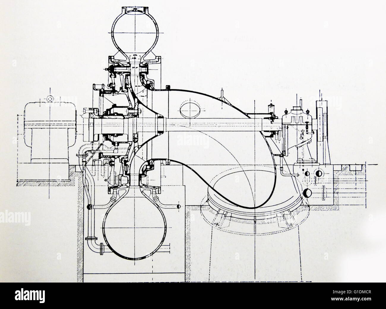 Diagram of a 19th Century Spiral turbines with horizontal axis. Dated ...