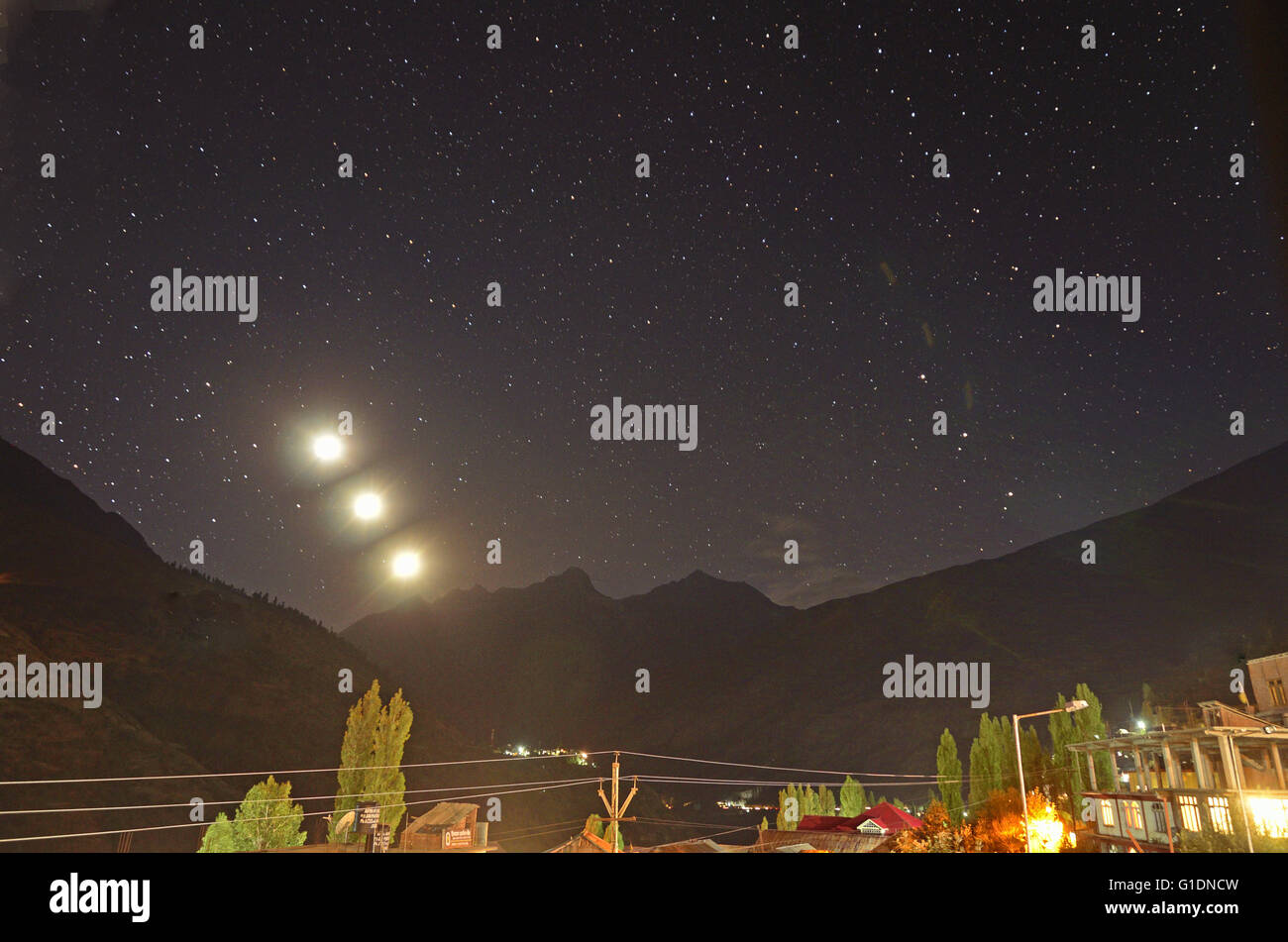 Moon sets over the Himalayan ranges, view from Keylong, Lahaul ...