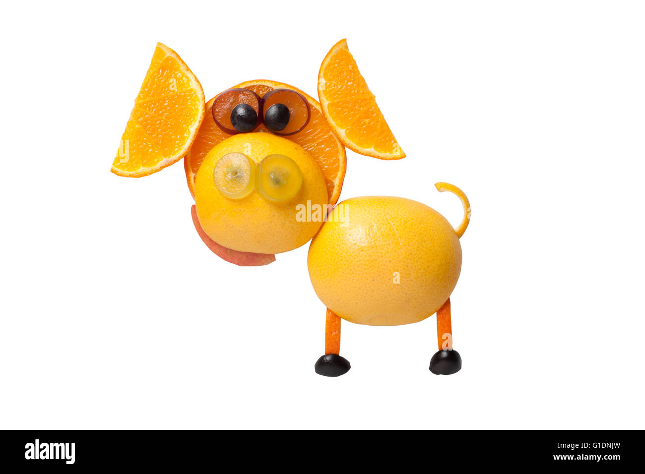 Funny pig made of orange and grape on white background Stock Photo - Alamy