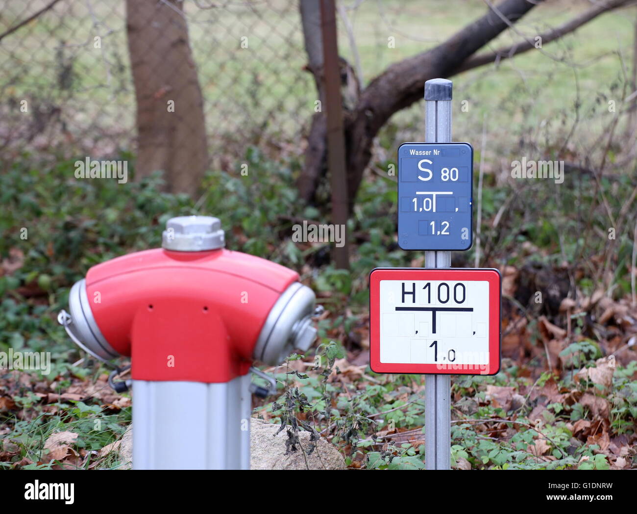 Fire hydrant with sign in Germany Stock Photo - Alamy