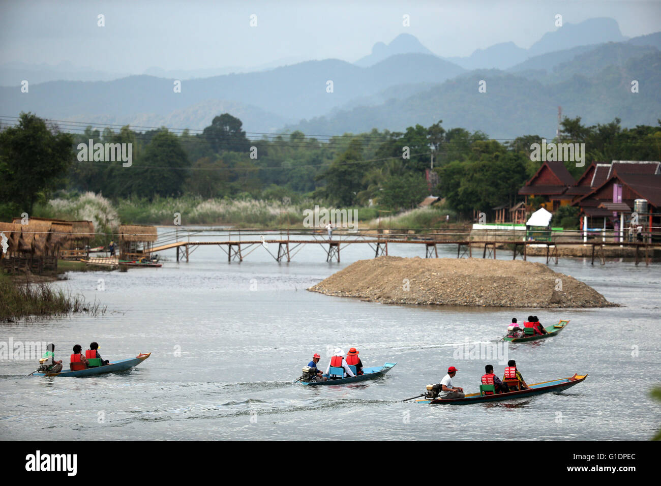 Nam Song river. Long tail boat. Sunset cruise. Vang Vieng. Laos Stock ...