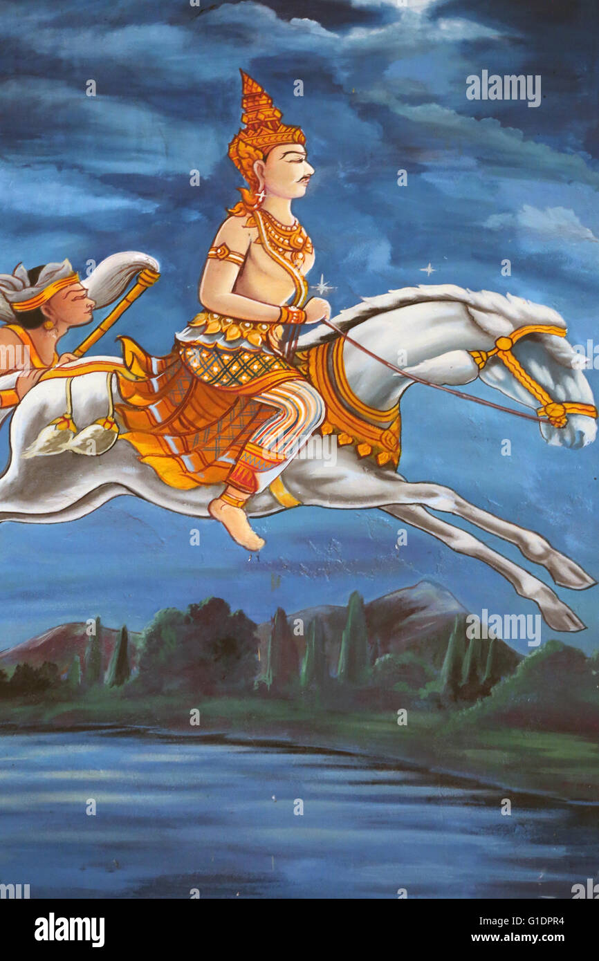 Wat Haysok. Painting depicting the life story of Shakyamuni Buddha ...