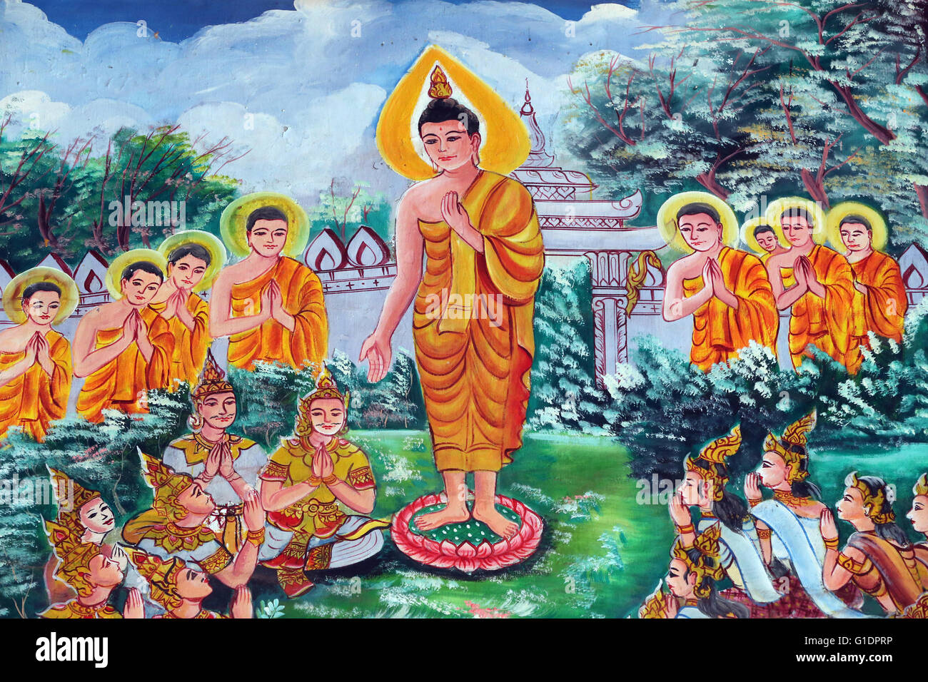 Wat Inpeng buddhist temple. Painting depicting the life story of ...