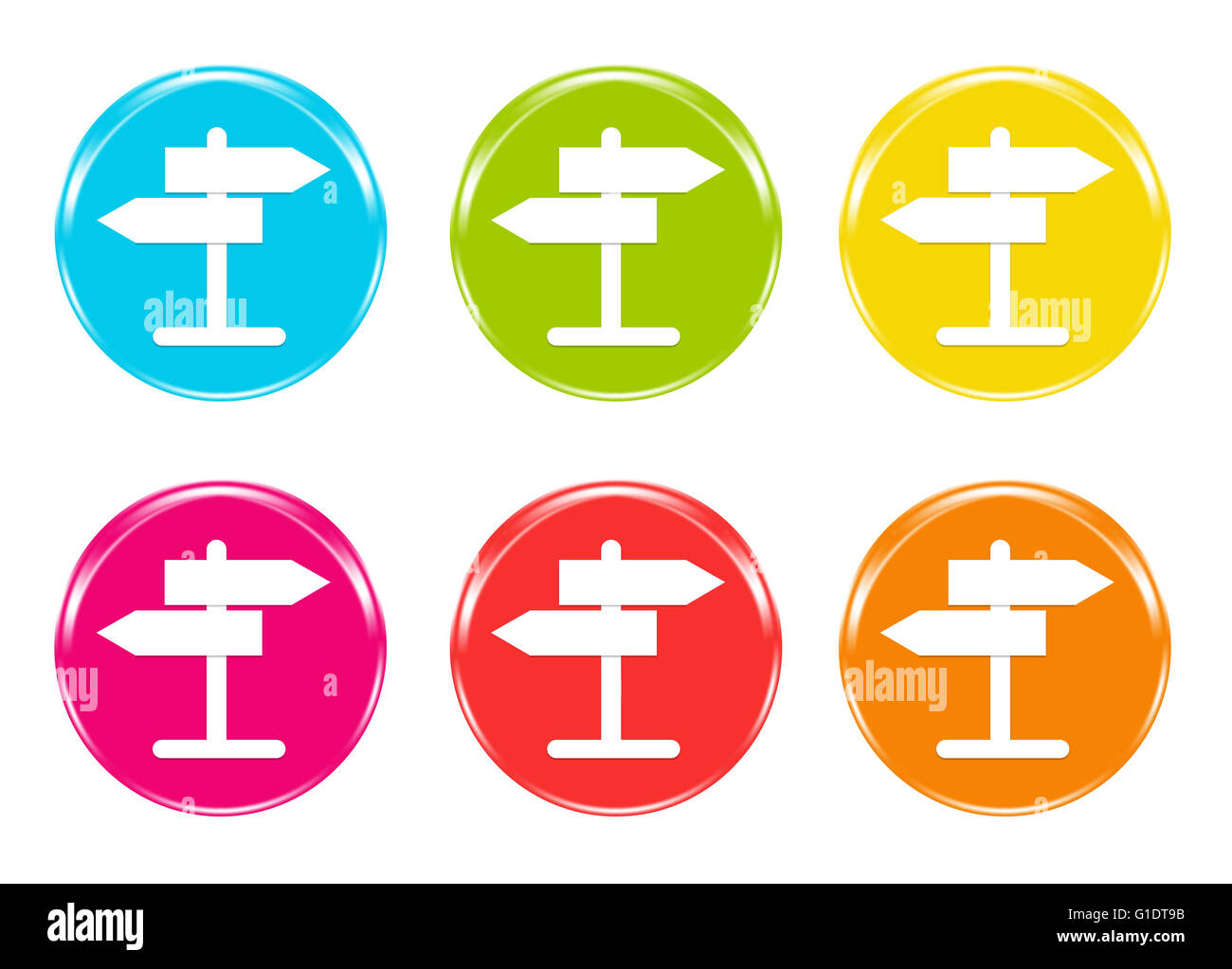 Set of rounded icons with direction symbol in blue, green, yellow, pink ...