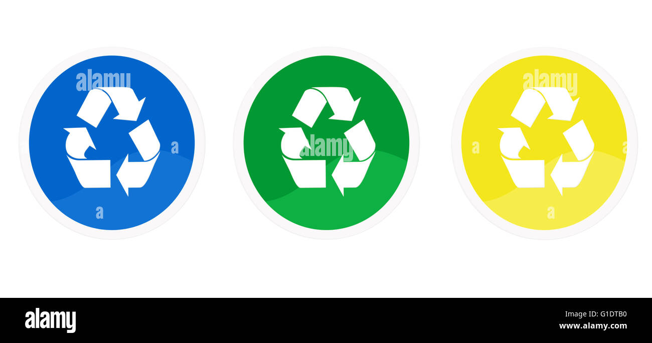 Set of rounded icons with recycling symbol in blue, green and yellow ...