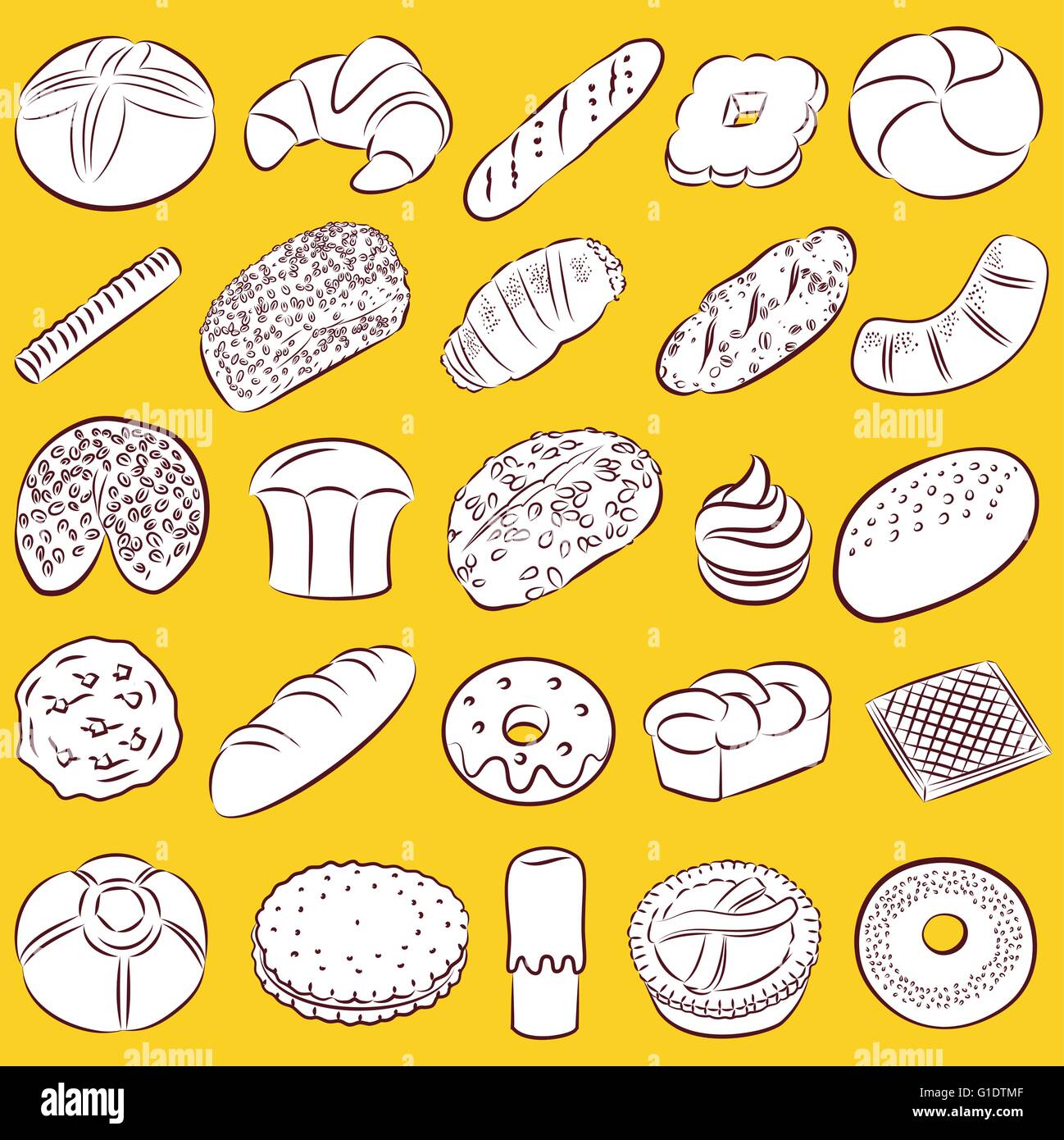 Vector collection of bakery and pastry food in line art on yellow ...