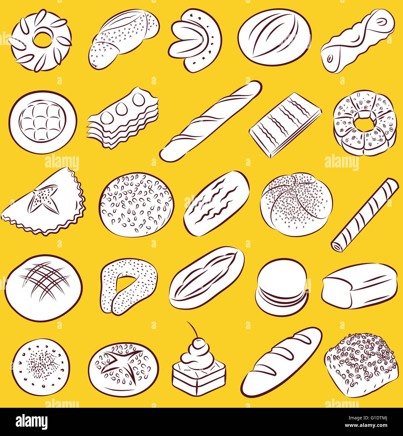 Vector collection of bakery and pastry food in line art mode on yellow ...