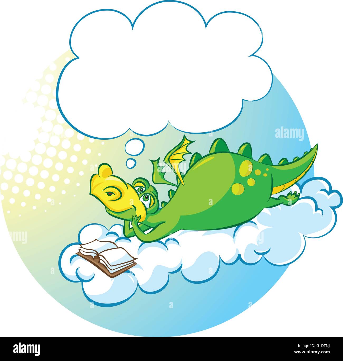 vector illustration of a dragon reading and dreaming on clouds Stock ...