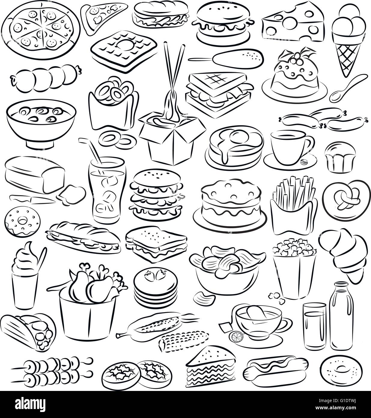 vector illustration of food and drink collection in line art mode Stock ...