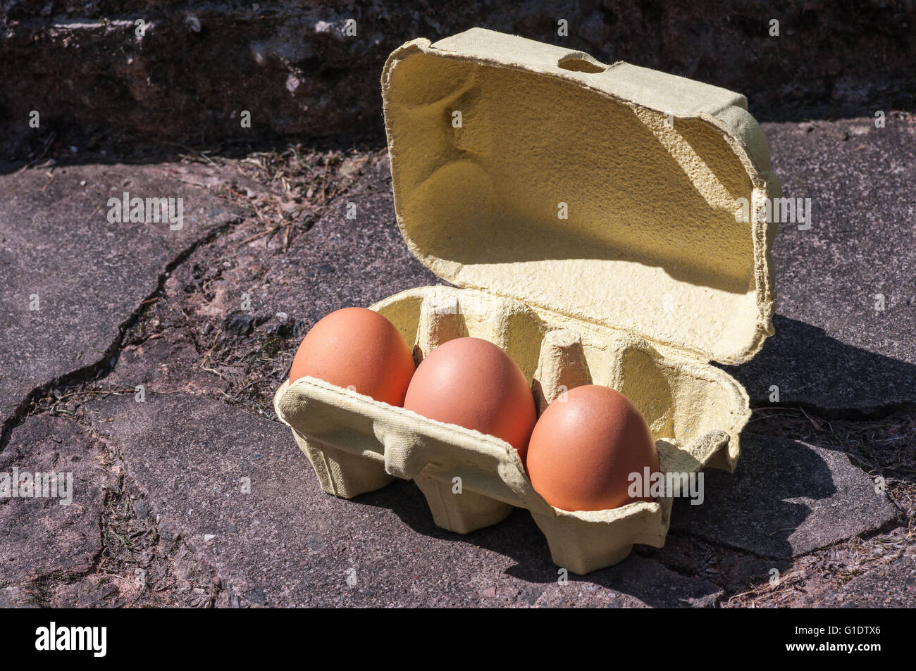 Three large eggs in a recycled yellow box on paving. Outside in ...