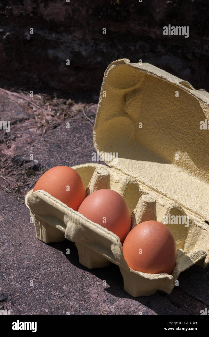 Three large eggs in a recycled yellow box on paving. Outside in ...