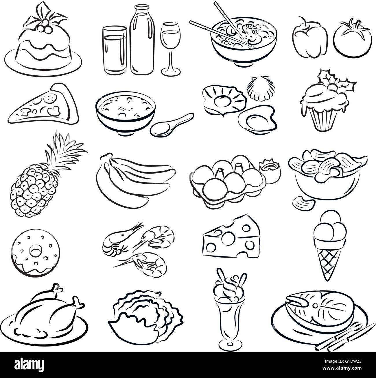 Vector illustration of foods collection in line art mode Stock Vector ...