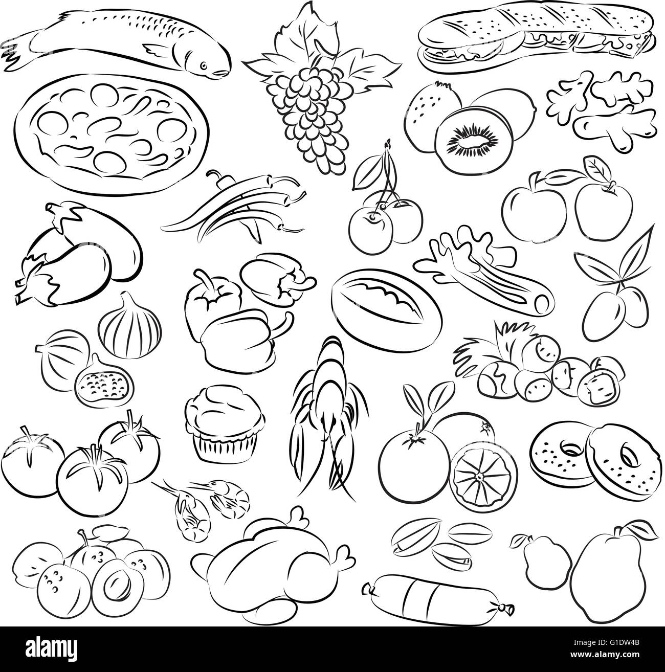 vector illustration of food collection in line art mode Stock Vector ...