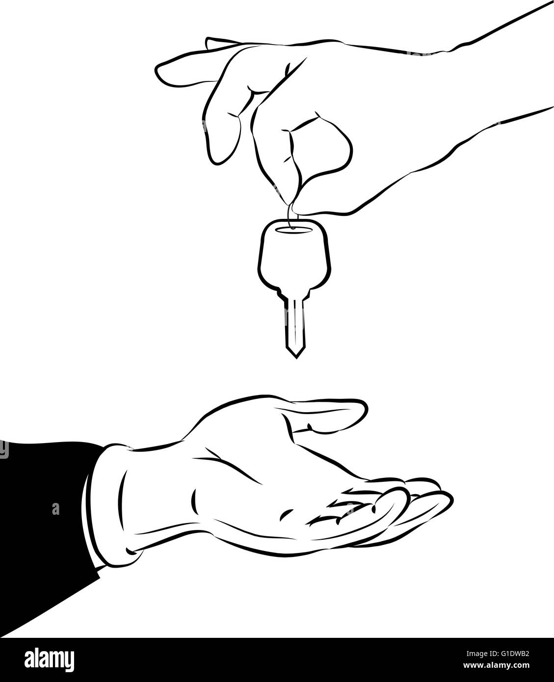 Vector illustration of handing over the key in line art mode Stock ...