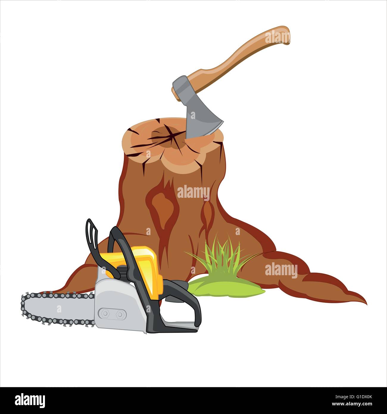 Sawn tree and axe with saw on white background is insulated Stock ...