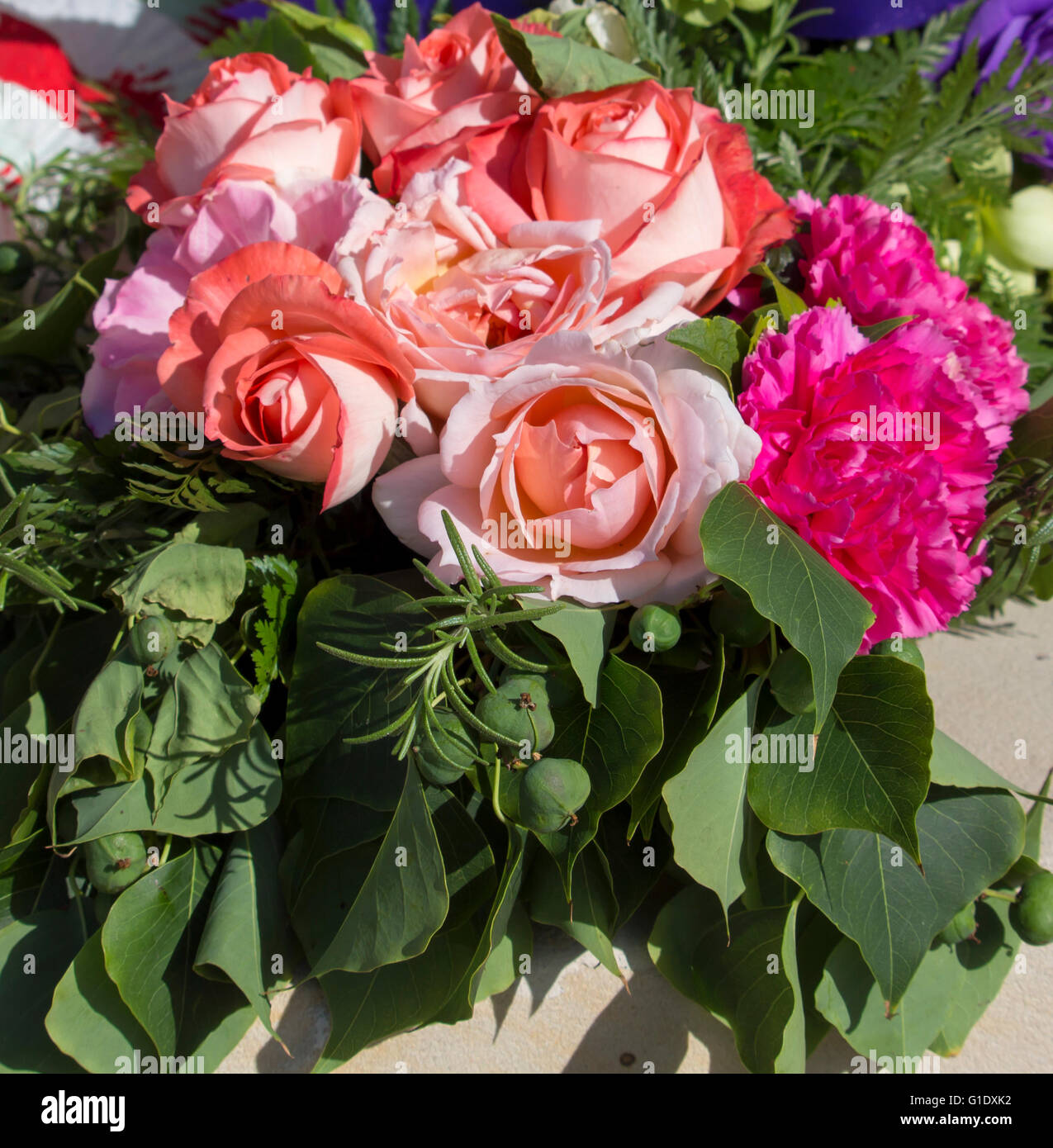 Colourful fresh floral wreaths for Anzac Day memorial celebrations on ...