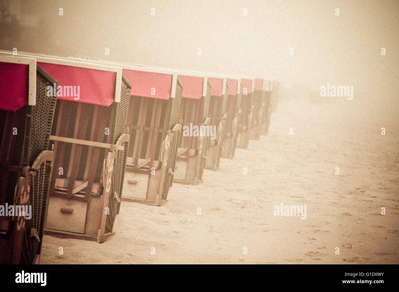 Strandkorb, Beach chairs on the sandy beach of Binz seaside resort on ...