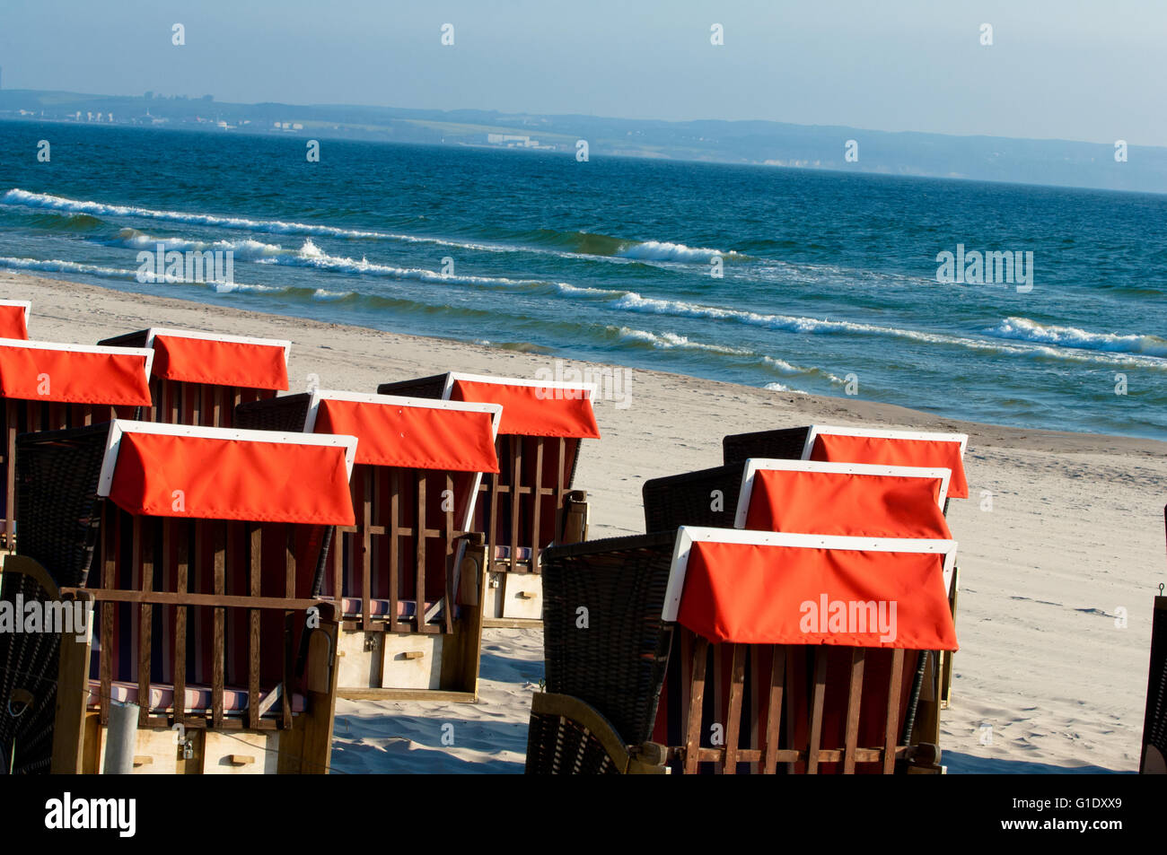 Strandkorb, Beach chairs on the sandy beach of Binz seaside resort on ...