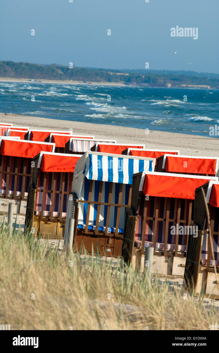 Strandkorb, Beach chairs on the sandy beach of Binz seaside resort on ...