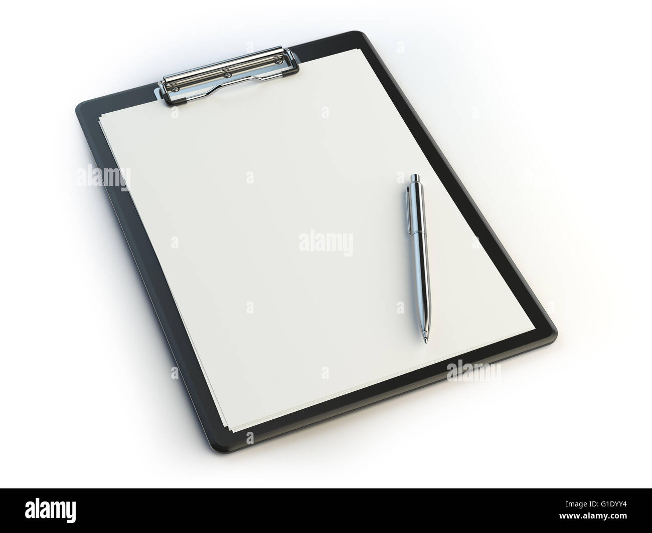 Clipboard and pen isolated on white with copy space. 3d illustration ...