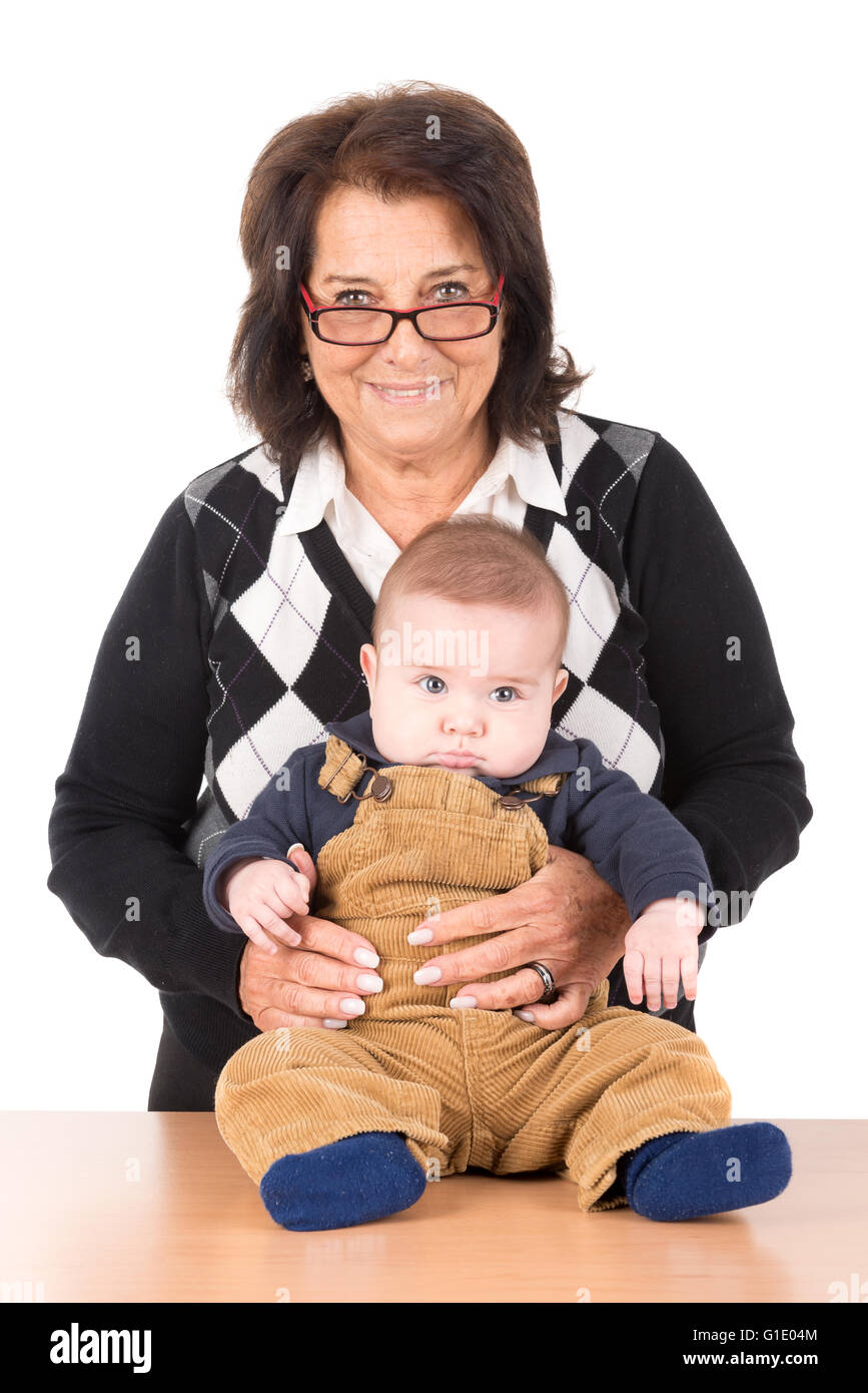 Happy grandma holding grandson baby isolated in white Stock Photo - Alamy