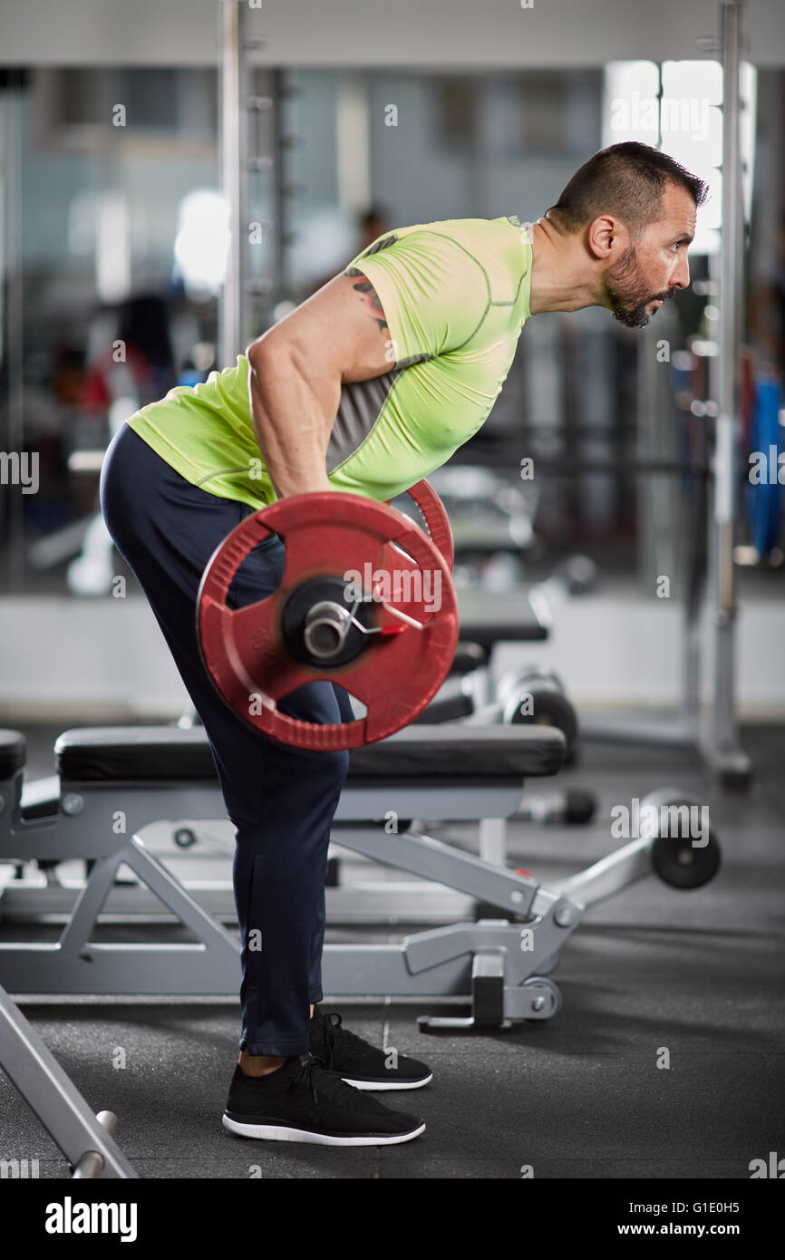 Athletic man doing barbell row in the gym for back workout Stock Photo ...
