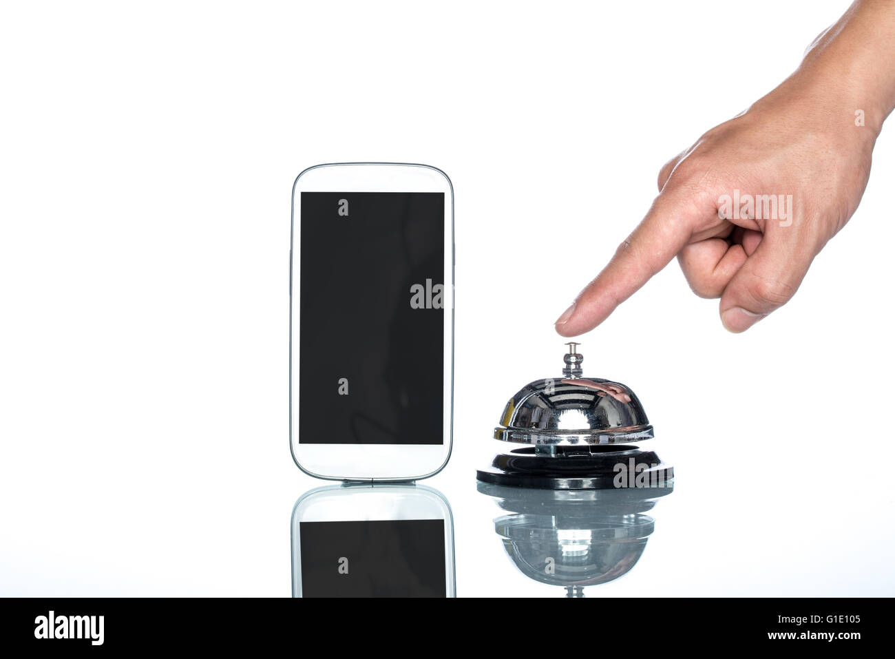 cell phone and Service bell with human hand on white background Stock ...
