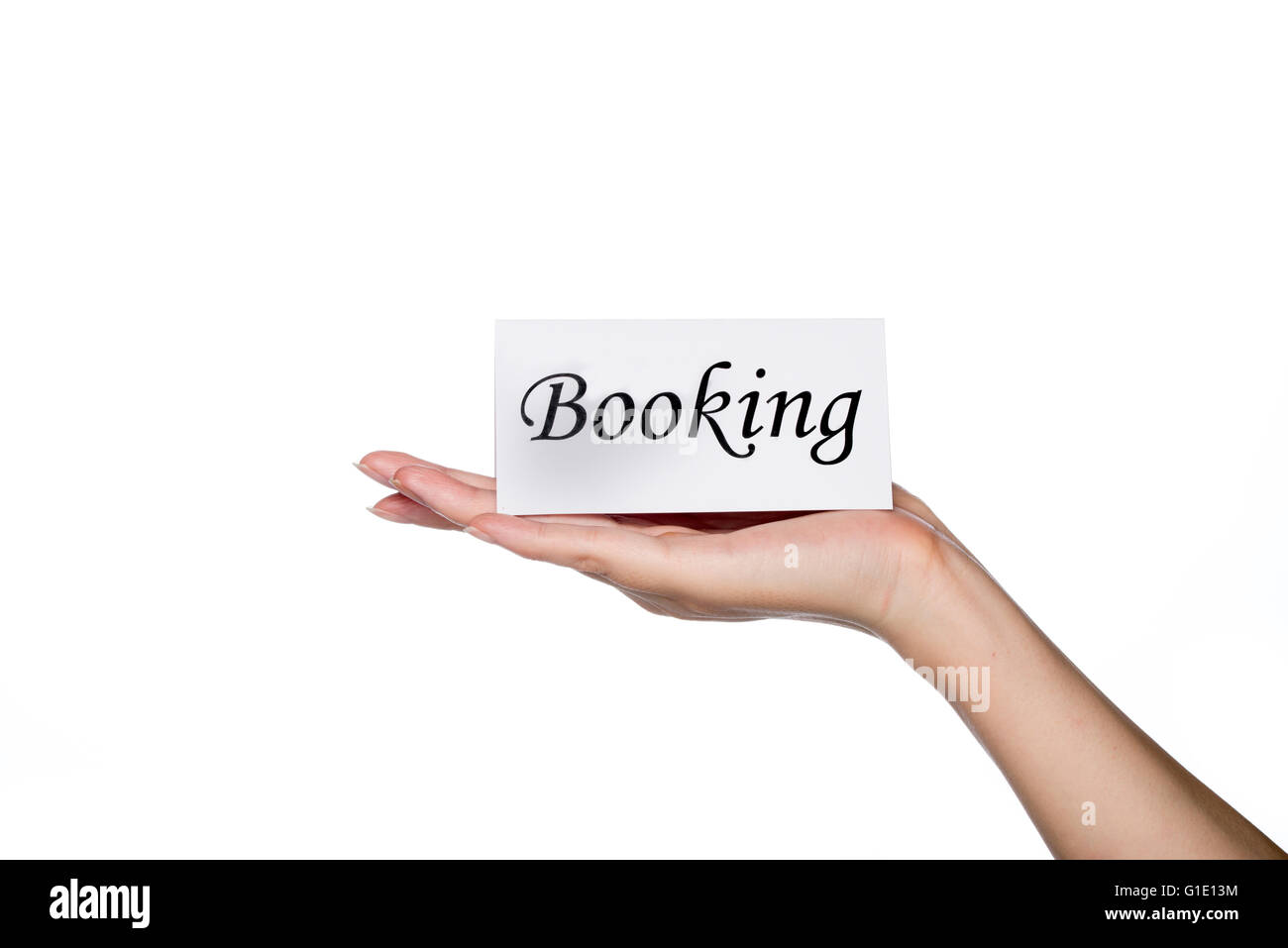 hotel booking, woman hand holding booking card on white background ...