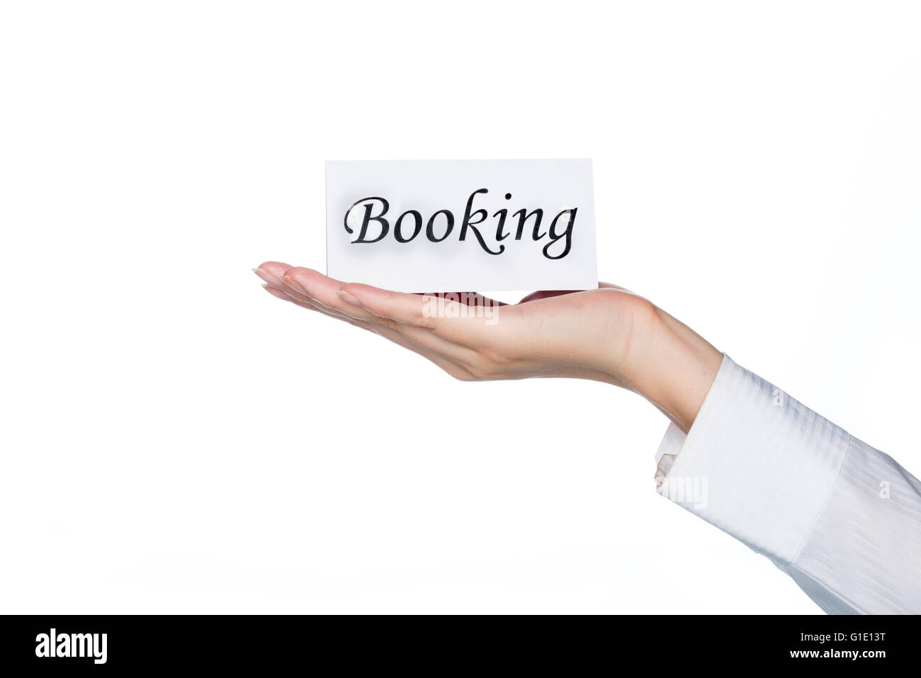 hotel booking, woman hand holding booking card on white background ...
