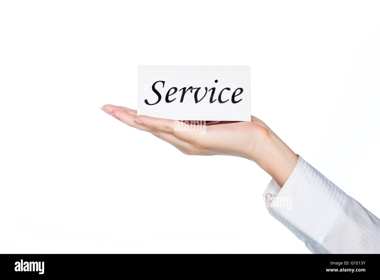 woman hand holding service card on white background, lodging service ...