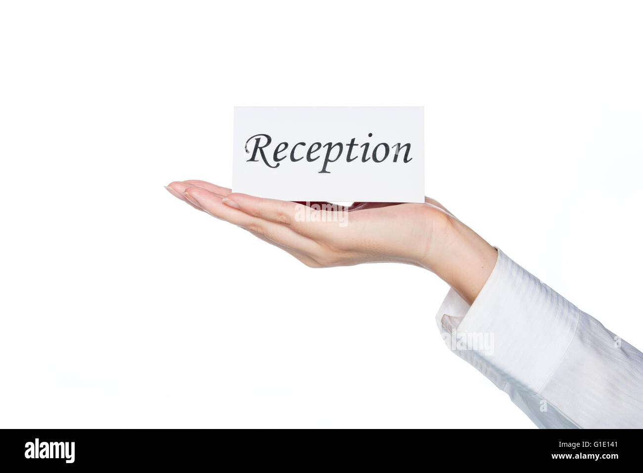 woman hand holding reception card on white background, Hotel Reception ...