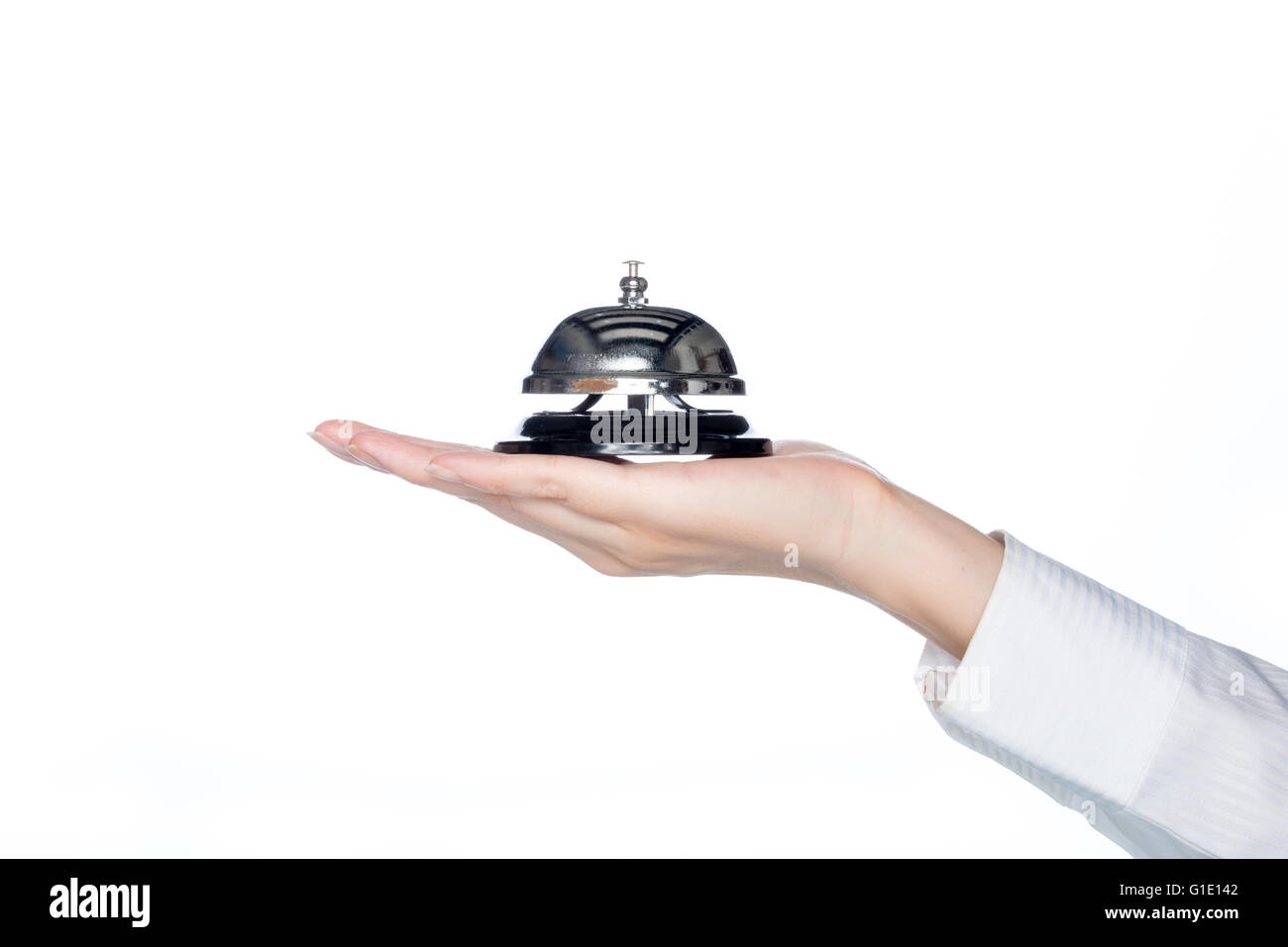 woman hand holding Service bell on white background, receptionist Stock ...