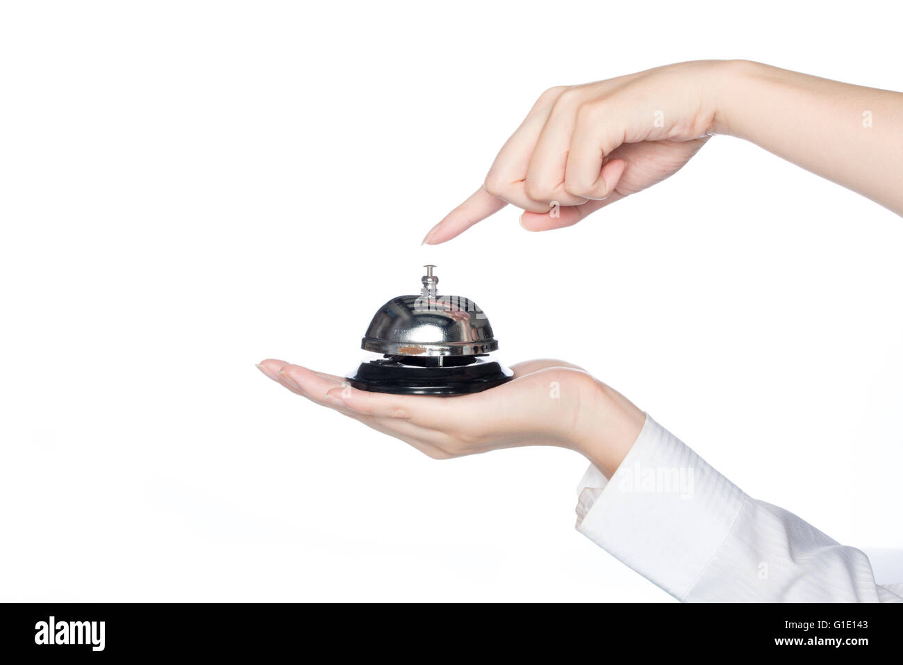 woman hand holding Service bell and press button on white background ...