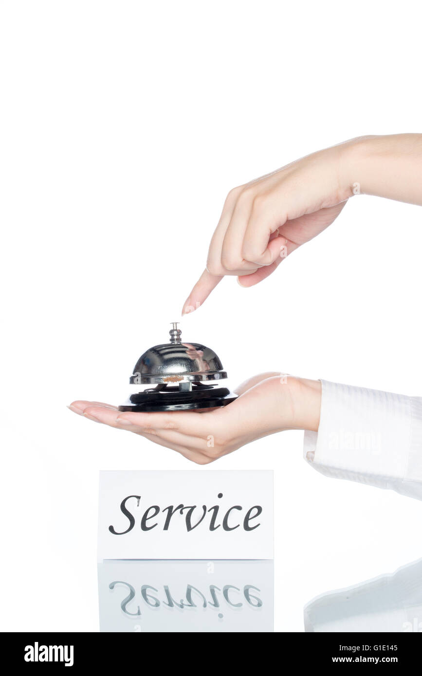 woman hand holding Service bell with service card on white background ...