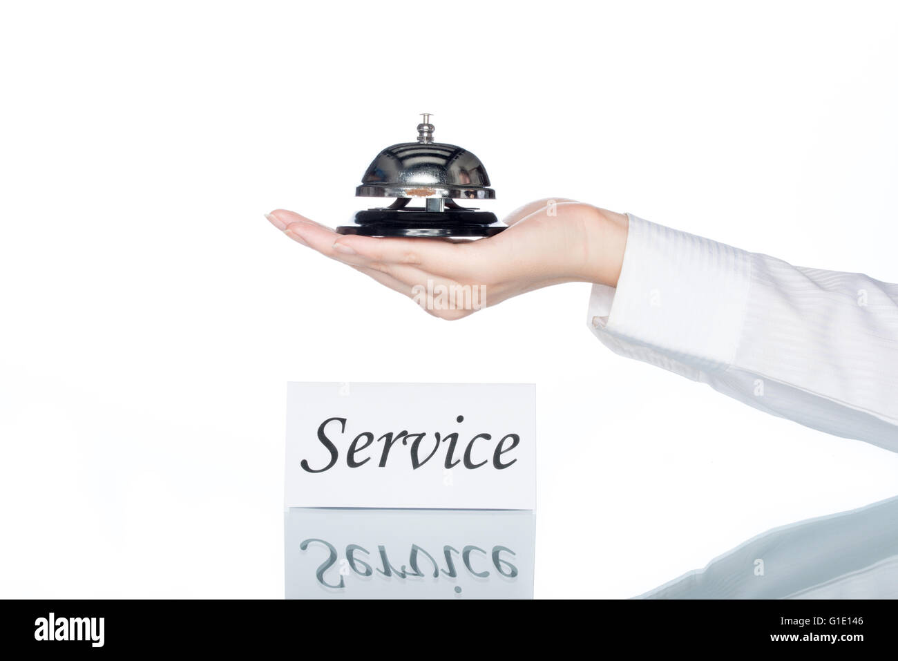 woman hand holding Service bell with service card on white background ...