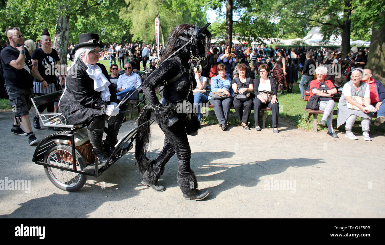 Leipzig, Germany. 13th May, 2016. A visitor being pulled by a human ...