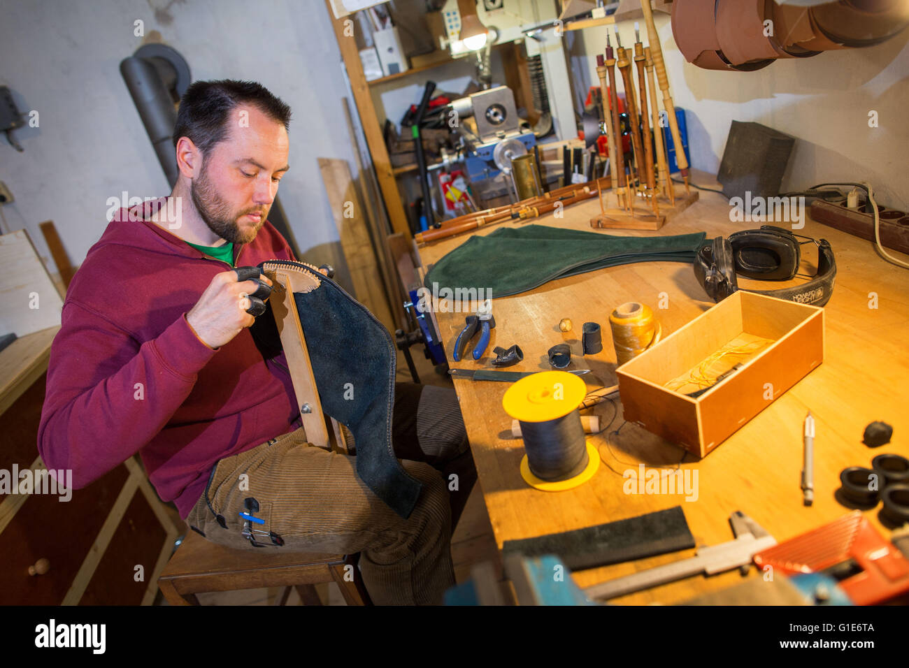 Luebtheen, Germany. 28th Apr, 2016. Bagpipe builder Philipp Gerhardt in ...